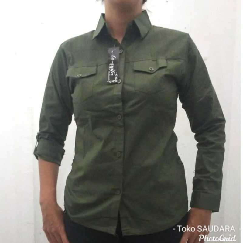 Jual kemeja panjang wanita hijau army kantong dua di Seller Toko_saudara - Bahagia, Kab. Bekasi ...