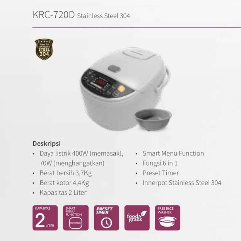 Promo Terkini Kirin Rice Cooker Krc 720 D 2 Liter Penanak Nasi Krc-720D ...