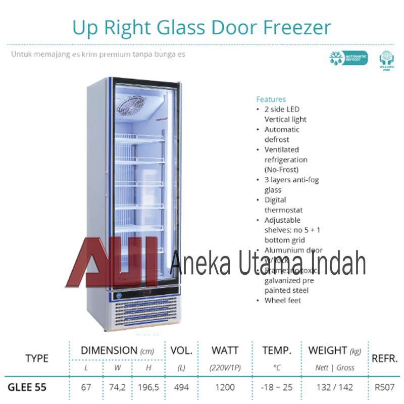 Promo Glee-55 Premium Up Right Glass Door Freezer Kaca / Showcase Ice ...