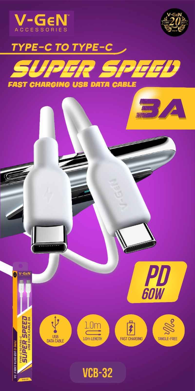Jual Kabel Data USB V-GeN VCB-32 Fast Charging Type C to Type C 3A PD ...