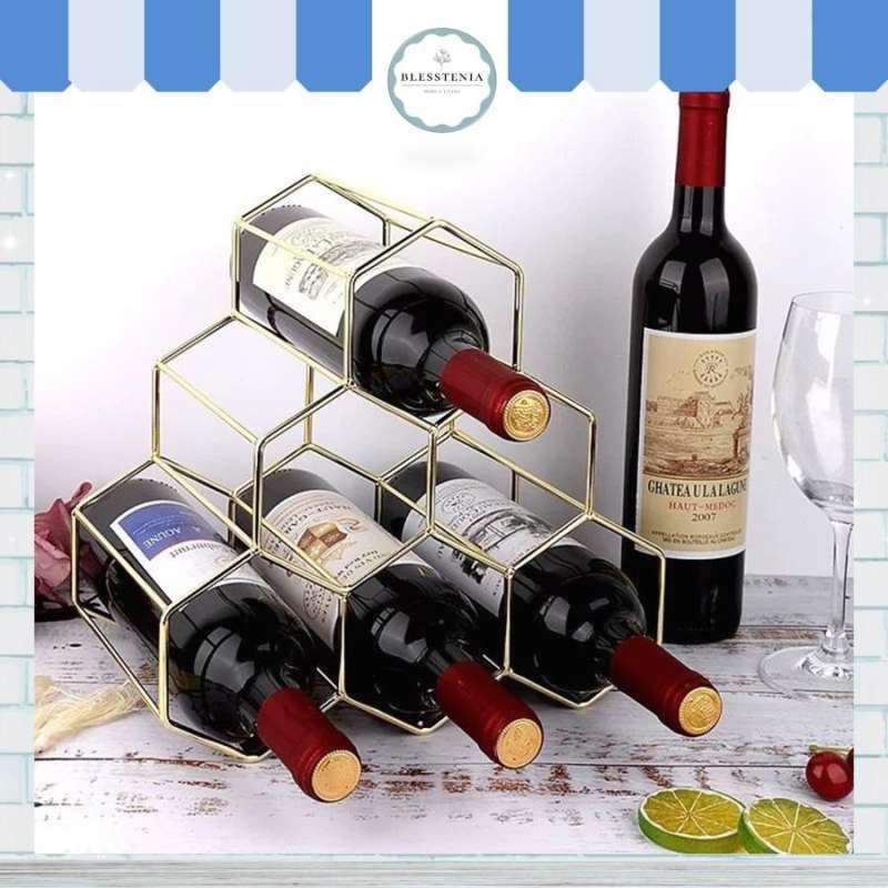 Jual Tempat Wine Rak Botol Stainless Gold Honeycomb Wine Rack 6 Bottles ...