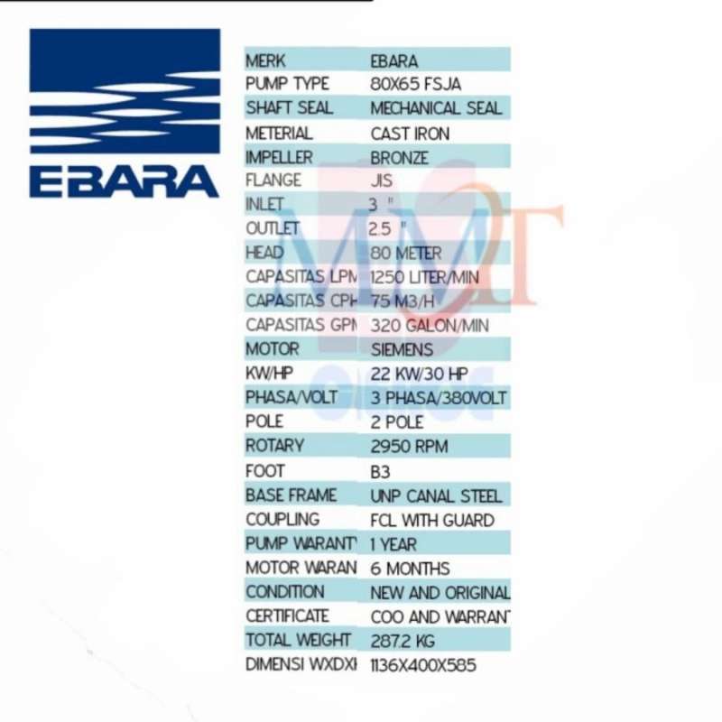 Jual Pompa Ebara 80x65 Fsja Mechanical Seal Siemens 22 Kw 2 Pole 380 Volt Di Seller Mitra Maju ...