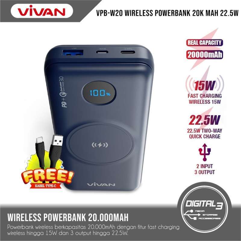 Jual Vivan 20000mah Powerbank 15w Wireless & Usb A Type C Pd 22.5w Vpb ...