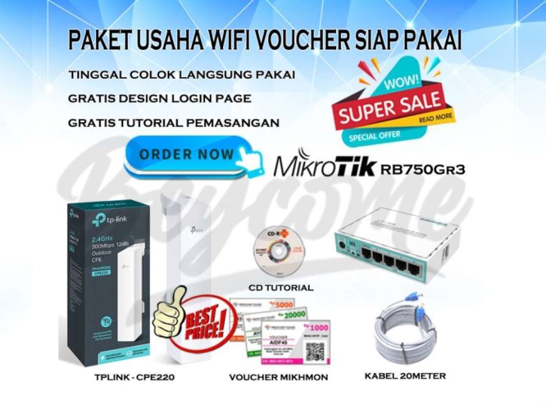 Jual Paket Usaha Voucher Wifi Mikrotik Rb750Gr3+TP LINK CPE220 Full Setting di Seller NEW VISION ...