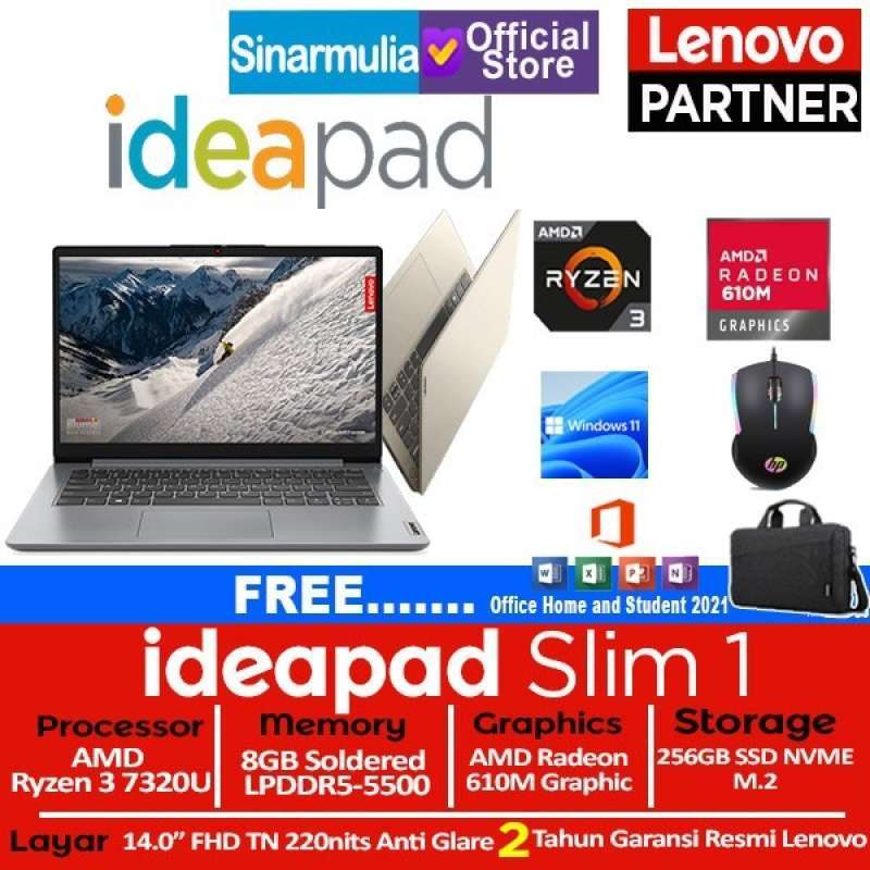 Jual LENOVO IDEAPAD SLIM 1 Ryzen 3-7320U 256GB SSD 8GB WIN11+OHS di Seller Sinarmulia Official ...