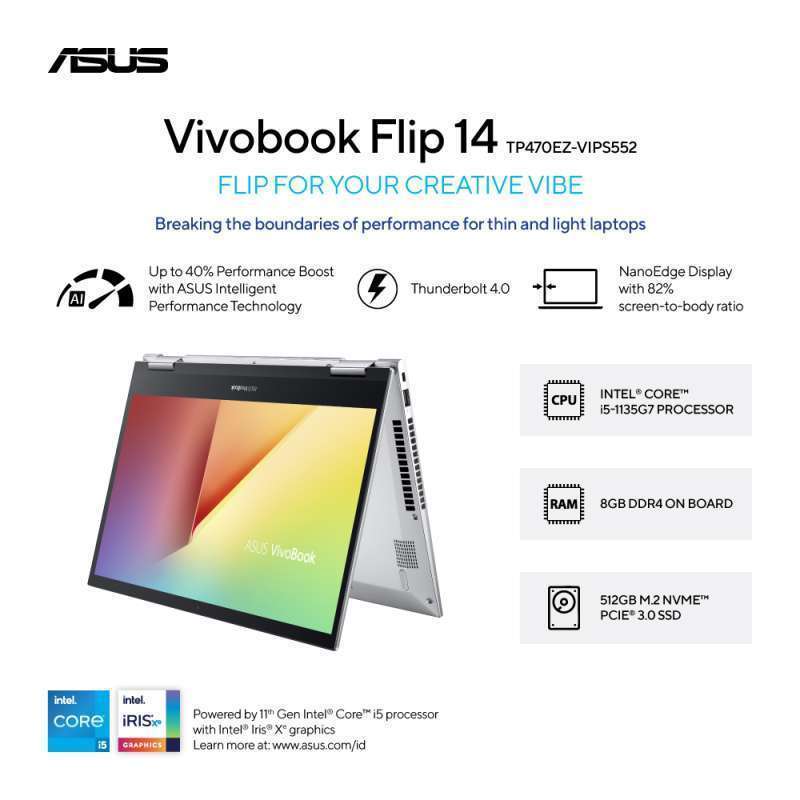 Jual ASUS VivoBook Flip TP470EZ VIPS552 I5 1135G7 U IRIS XE 512SSD 8GB SILVER W11 HS 14FHD