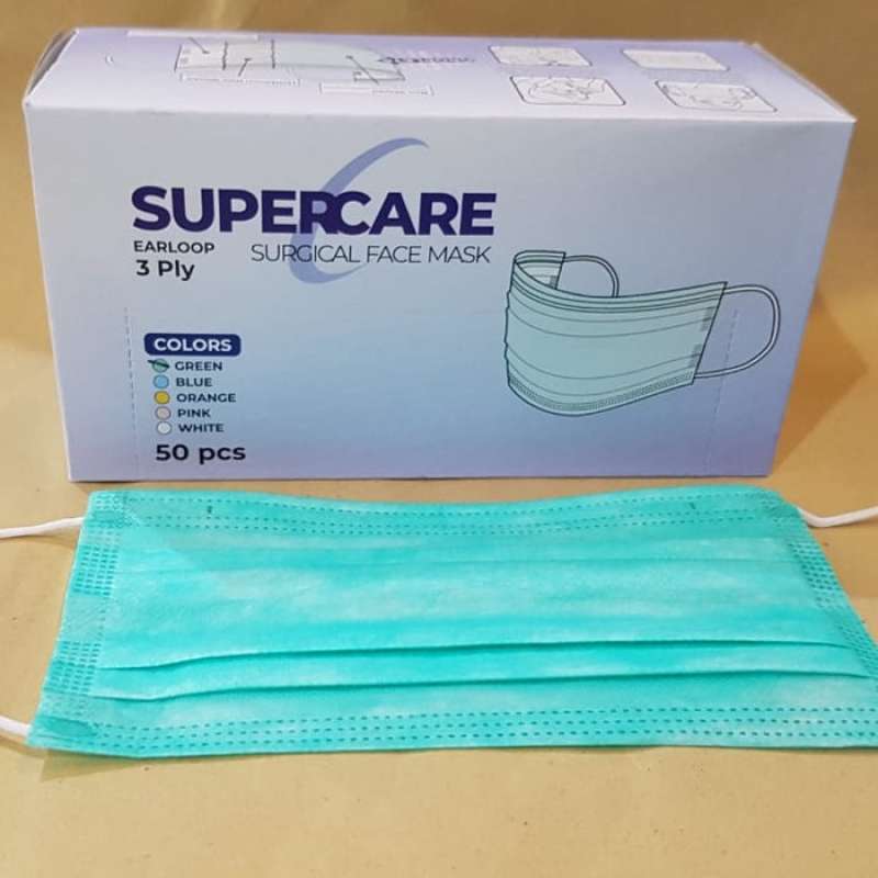 Jual Masker 3ply Hijau Earloop Supercare Disposable Isi 50 Masker 3 Ply