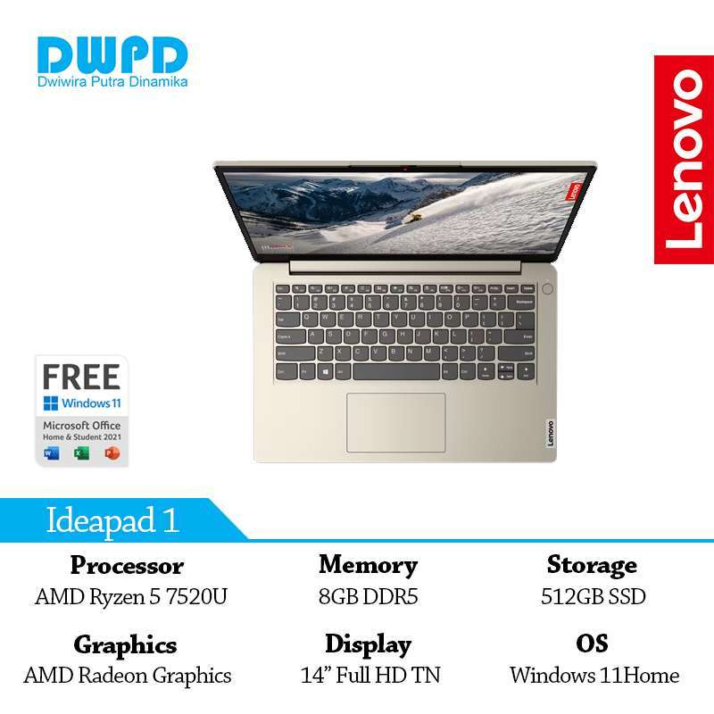 Jual Lenovo Ideapad 1 AMD Ryzen 5 7520U 8GB DDR5 512GB SSD 14 FHD TN ...