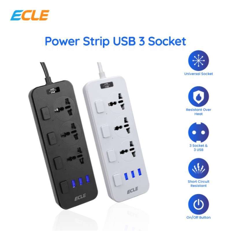 Jual ECLE Power Strip Stop Kontak 3 Power Socket 3 Smart USB Port di Seller RAKSASA IMPORTIR ...