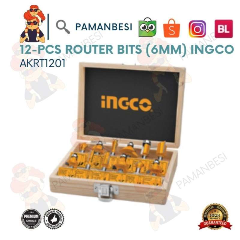 Promo 12-Pcs Router Bits (6mm) INGCO AKRT1201 Mata Mesin Router Diskon ...