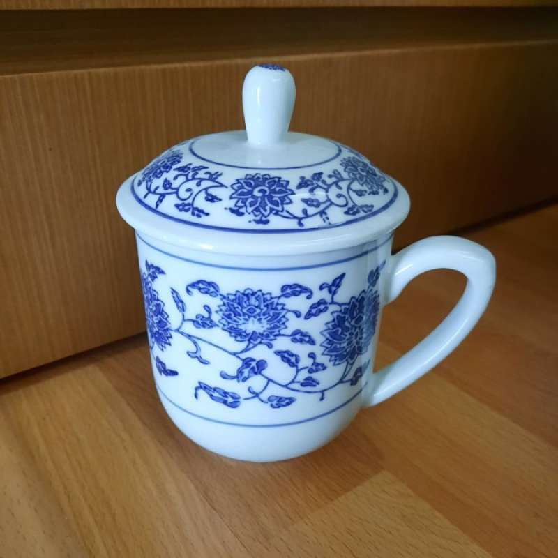 Jual Mug Keramik - Cangkir keramik biru putih + tutup ukuran diameter ...