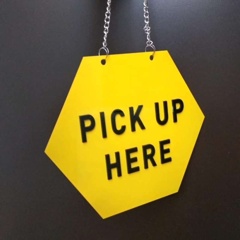 Jual Pick up here sign acrylic kuning hexagon / sign timbul / sign toko ...