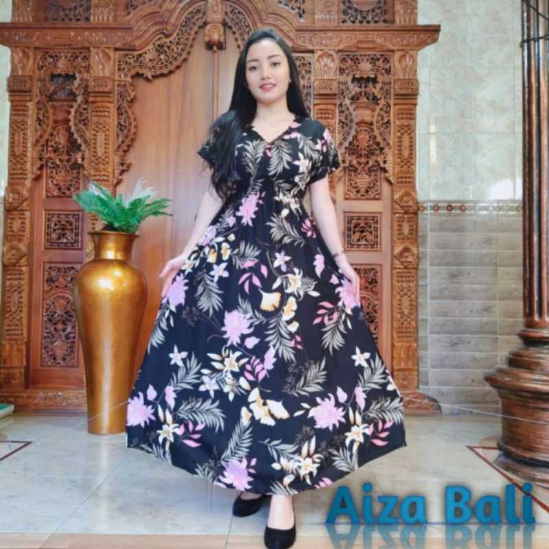 Promo Dress Daster Panjang Mozza Motif Bunga Kinanti Flower Lengan Pendek Rayon Super Premium ...