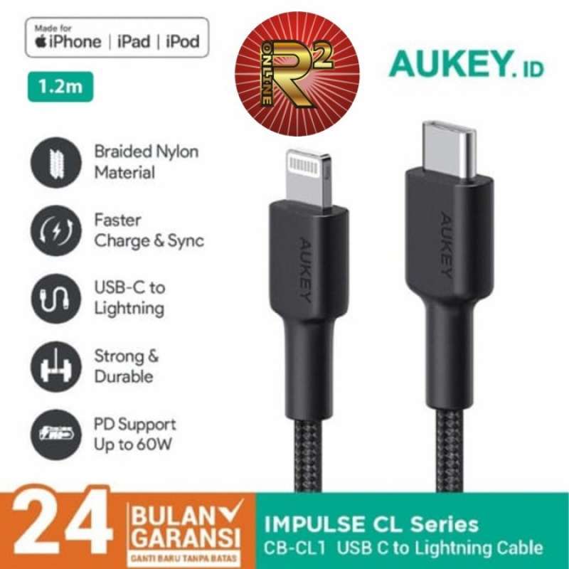 Jual Aukey CB-CL1 Braided Nylon Cable MFI USB-C to Lightning Cable 1,2m ...