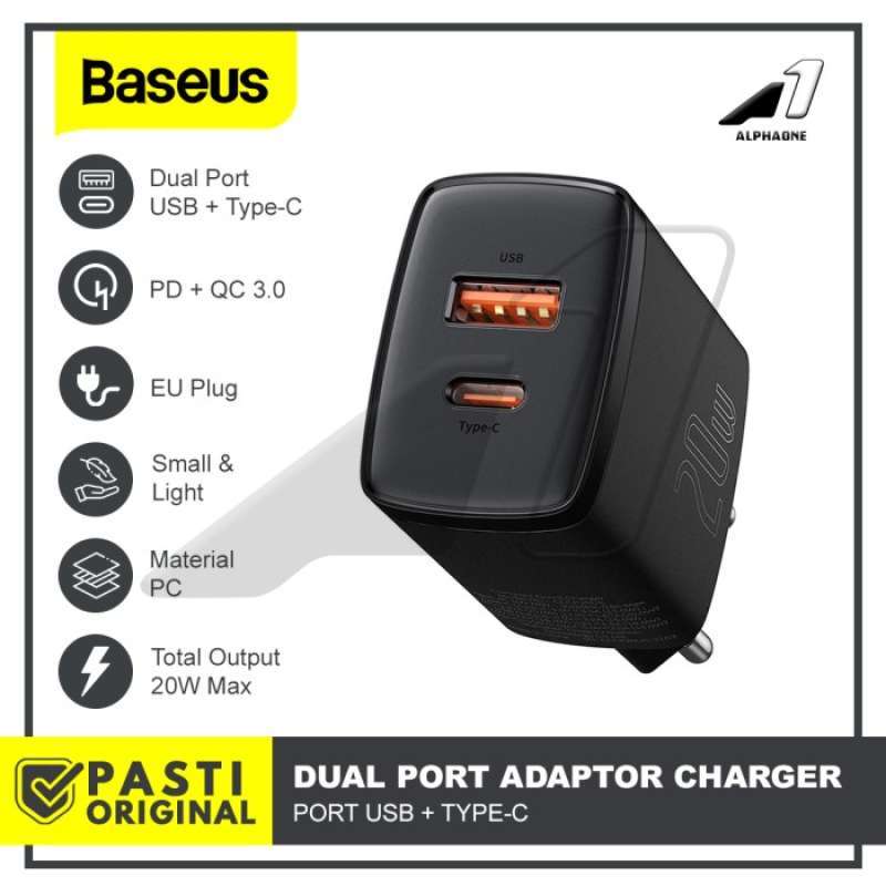 Jual BASEUS Adaptor Kepala Charger Dual Port USB+USB C 20W Fast ...