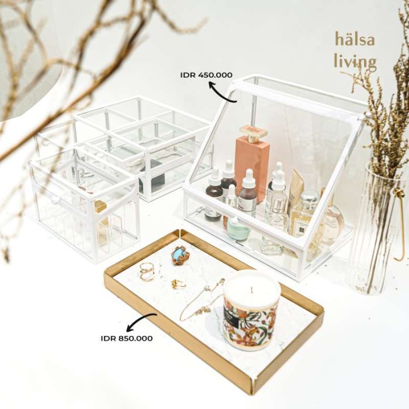 Jual Clear Makeup Storage Box White List / Kotak Rak Makeup Kaca List ...