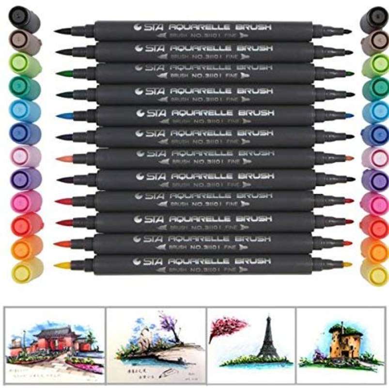 Jual 12 Colors Art Brush Sketch Marker Pens Water Based Ink Twin Tip ...