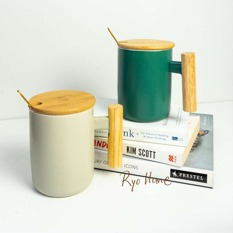 Jual [ RYO ] MOKU Mug gelas gagang kayu dengan sendok kecil dan tutup ...