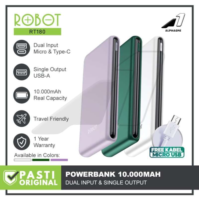 Promo ROBOT Power Bank 10000mAh RT180 Dual Input Type C Micro Slim ...