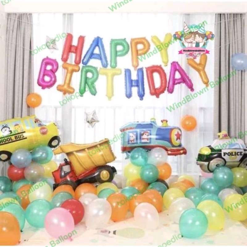 Jual Windblown Birthday Transportation Set - Bus Truck Train Police/hbd ...