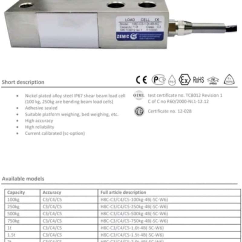 Jual Zemic Load Cell H8c -c3 10ton / Load Cell Shear Beam 10 Ton Di ...