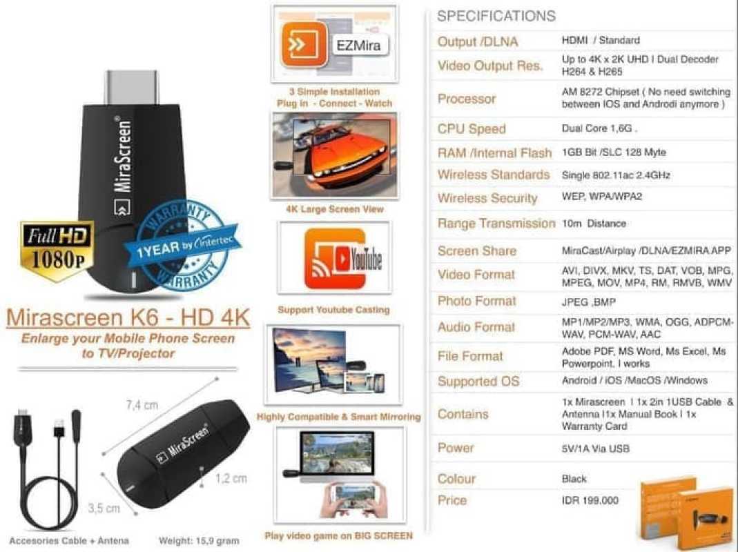 Promo Mirascreen K6 wifi display usb dongle dual band 2.4ghz 4K HD ...