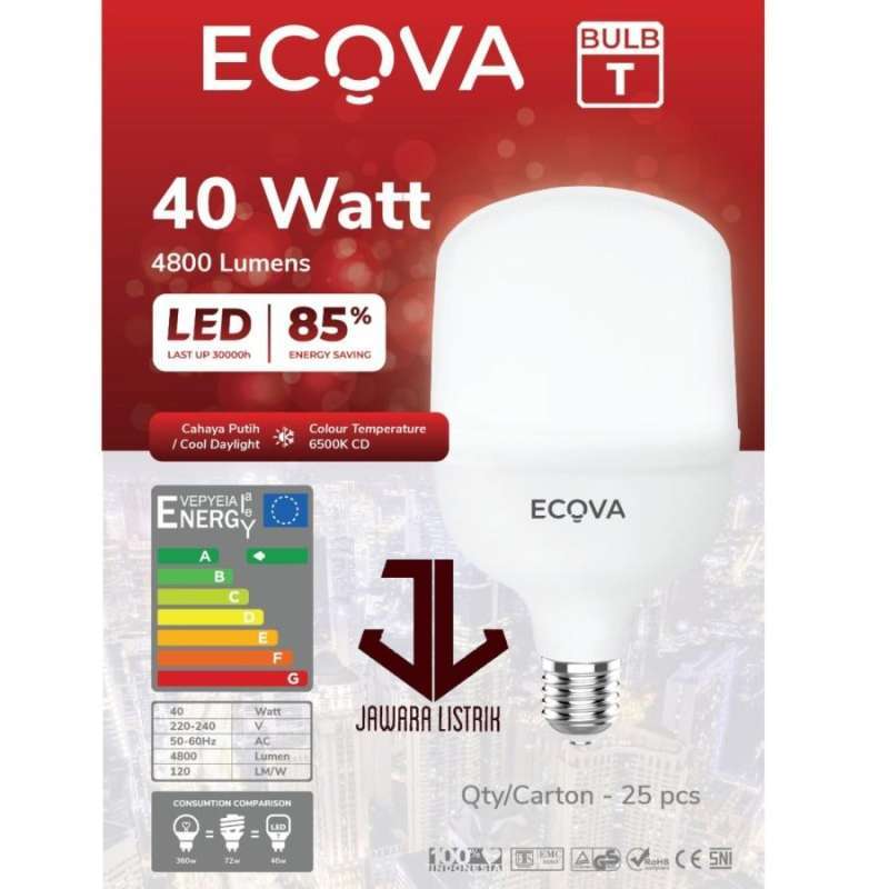 Jual LED BULB ECOVA JUMBO 40WATT 40 WATT T SERIES GARANSI 3 TAHUN SNI ...