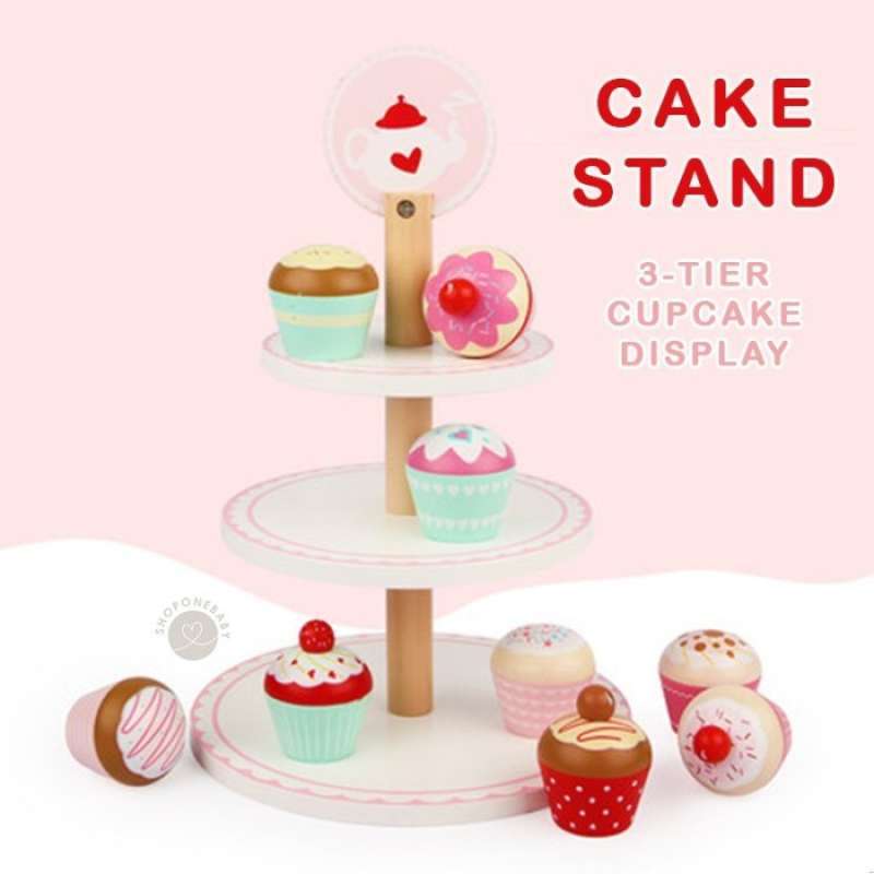 Promo New LUCU CAKE STAND 3-TIER CUPCAKE SET FOOD PRETEND PLAY WOODEN ...