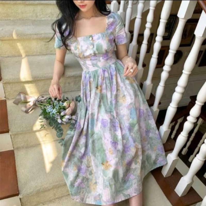 Jual Mariposa Korean Style Vintage Midi Dress Square Neck Di Seller ...