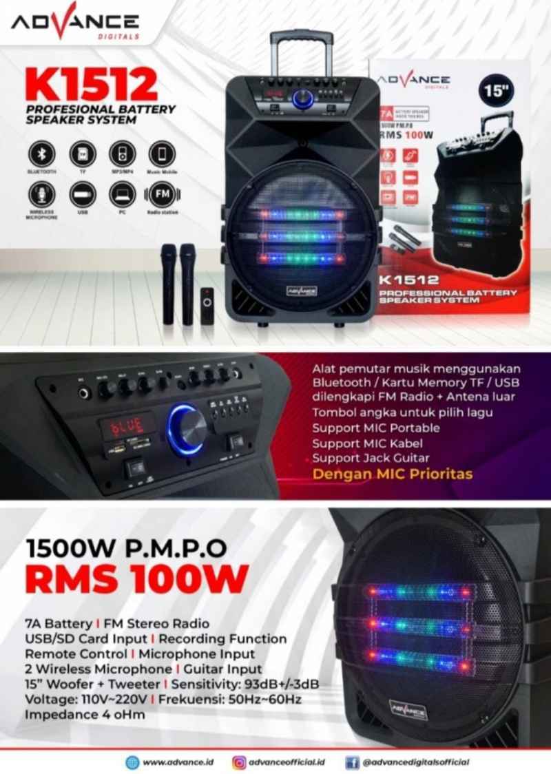 Jual Speaker Aktif 15 Inch Advance K1512 Portable 2 Mic Wireless