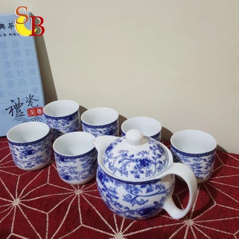 Promo Chinese Tea Set teapot Cup Teko Cangkir Bunga Biru Keramik Diskon ...