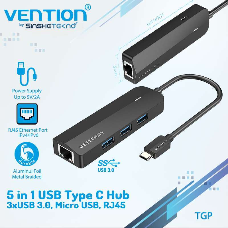 Promo VENTION USB Type C to LAN 4 Port USB HUB 3.0 with Micro USB ...