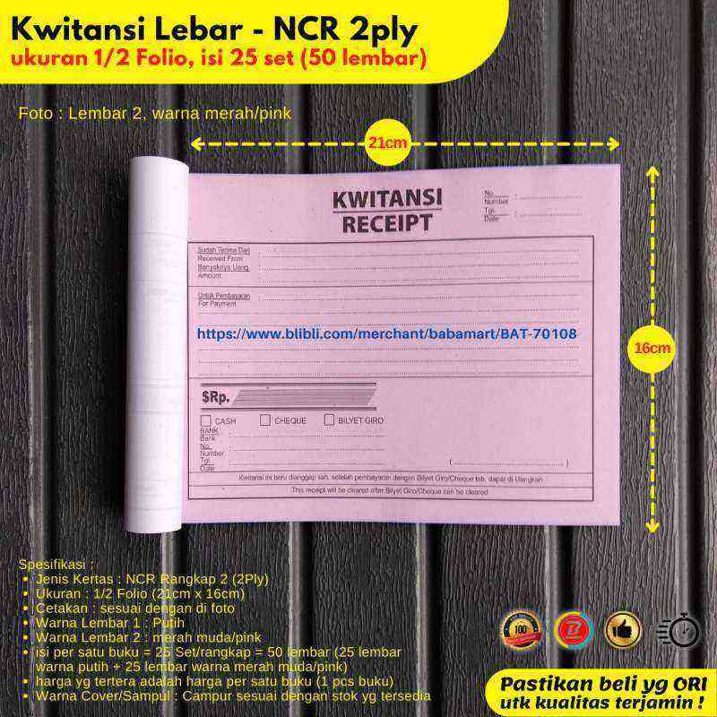 Jual Kwitansi Kuitansi Receipt Lebar 1/2 Folio 2 Rangkap 2 Ply Putih ...