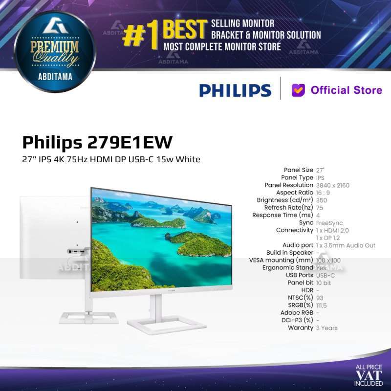 Jual Monitor LED Philips 279E1EW 27 IPS 4K 75Hz HDMI DP USB-C 15w White ...