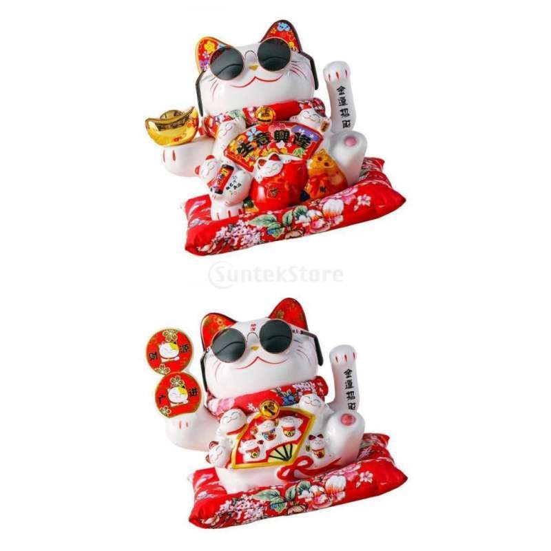 Promo 2x Ceramic Lucky Cat Figure Toy Waving Fortunes Welcoming Good ...