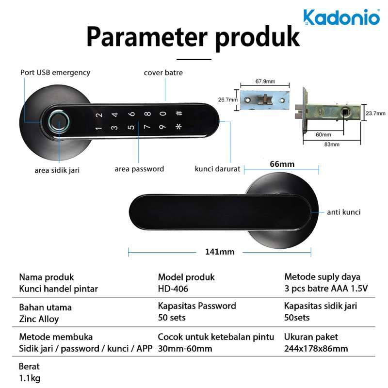 Jual Kadonio Kunci Pintu Digital Sidik Jari Password Dan App Kontrol Smart Handle Door Lock Home ...