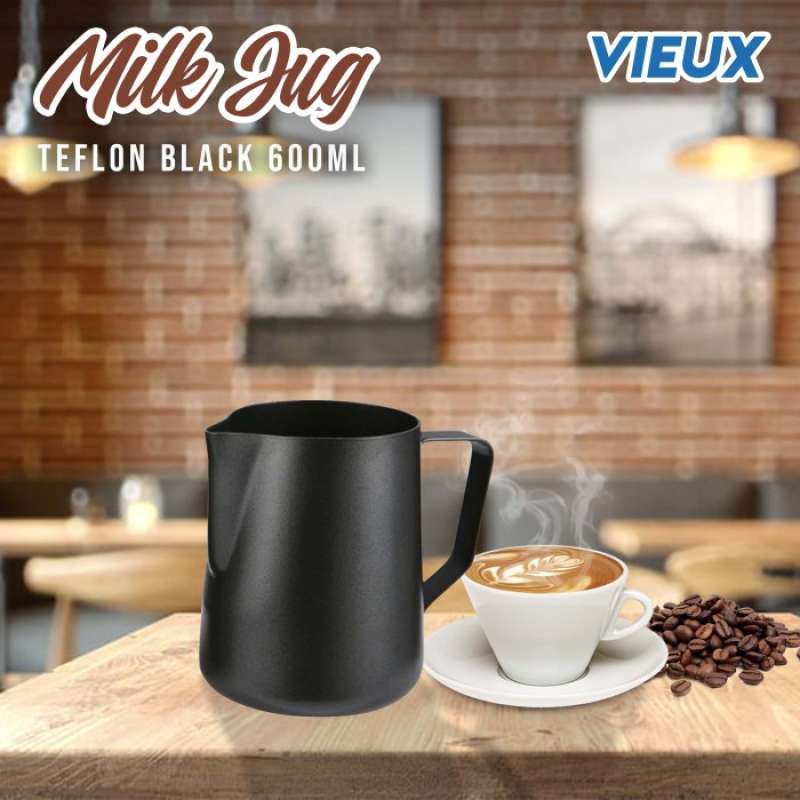 Promo milk jug black hitam teflon stainless 600ml / pitcher tempat susu ...