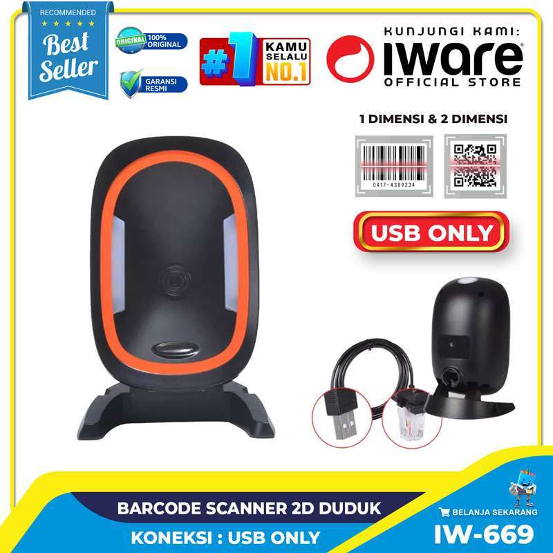 Promo Omni Directional 2D IWARE 669 Laser Barcode Scanner Duduk USB E ...