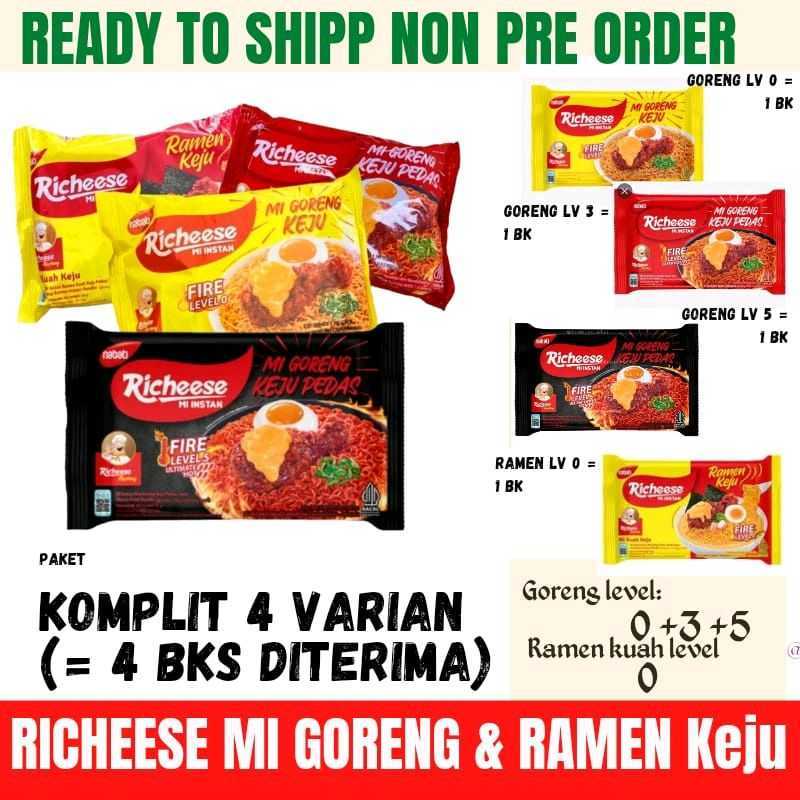 Promo Paket Komplit Richeese Mi Goreng Keju Lv 0 + Lv 3 + Lv 5 + Mi ...