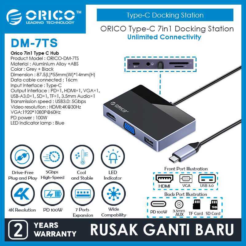 Promo Orico 7in1 Type C Hub USB 3.0 PD 100W HDMI VGA TF SD Card AUX- DM-7TS Diskon 15% di Seller ...