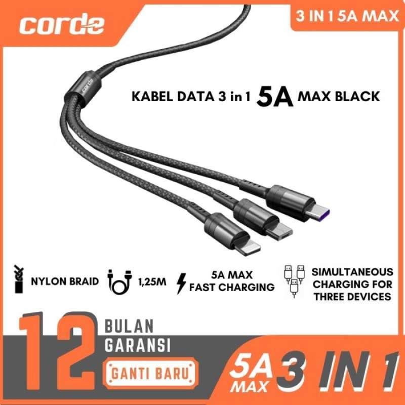 Jual Kabel Data Corde 3 In 1 Fast Charging 5A Micro Usb Lightning Type C di Seller Denta Phone ...