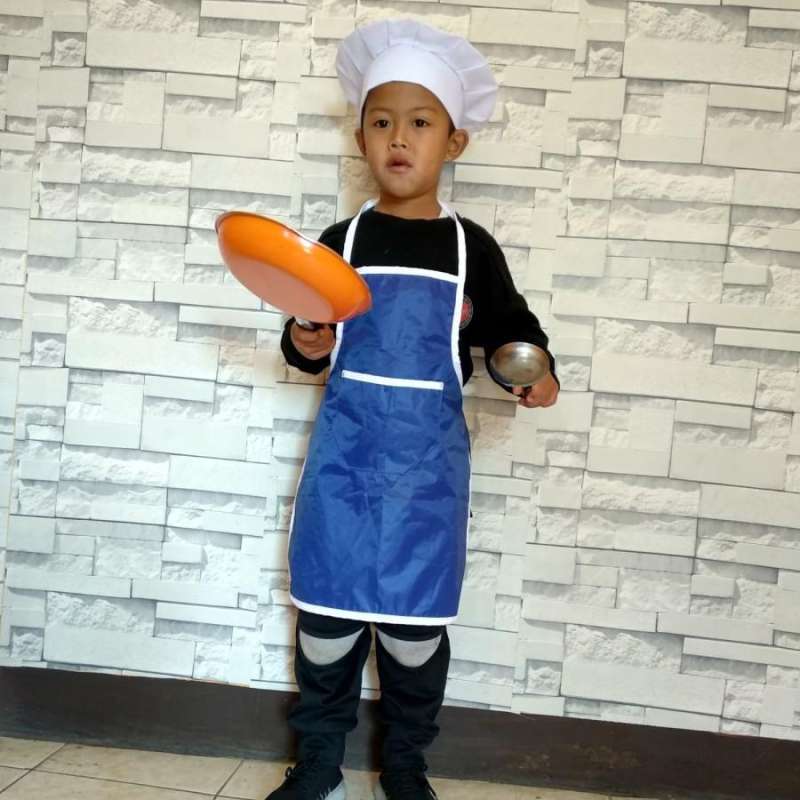 Jual Set Apron Celemek Topi Koki Chef Anak Biru - Biru Saku Merah Di ...