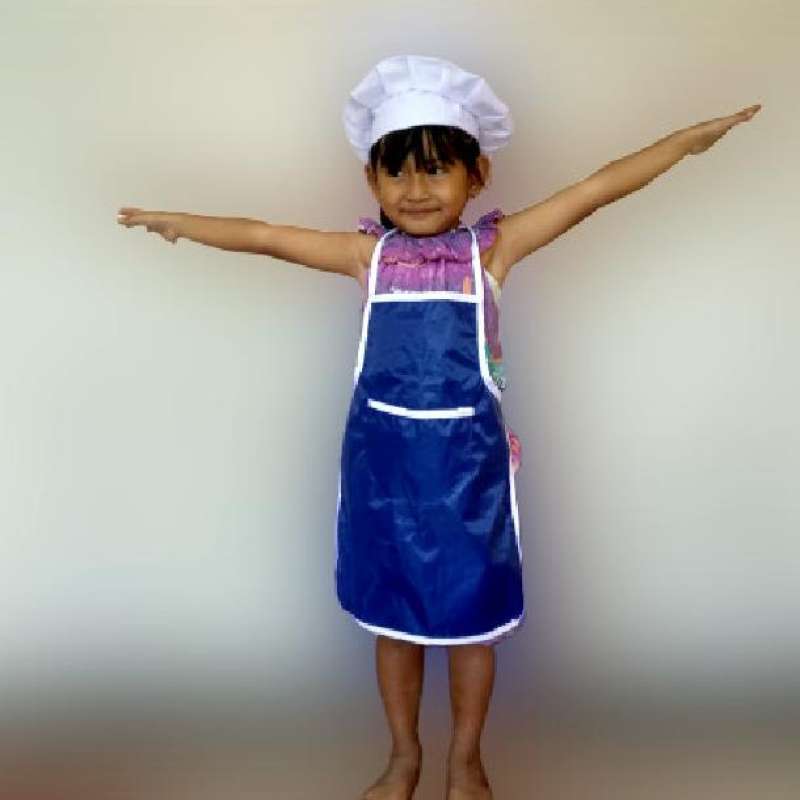 Jual Set Apron Celemek Topi Koki Chef Anak Biru - Merah Saku Biru Di ...