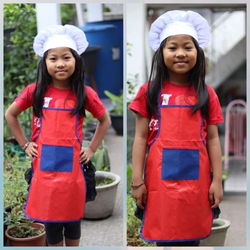 Jual Set Apron Celemek Topi Koki Chef Anak Biru - Merah Saku Biru Di ...
