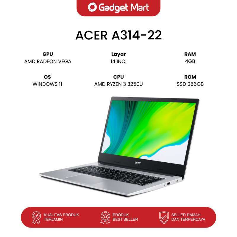 Jual Laptop ACER A314-22 AMD R3 3250U 4GB SSD 256GB W11 OHS21 14 ...