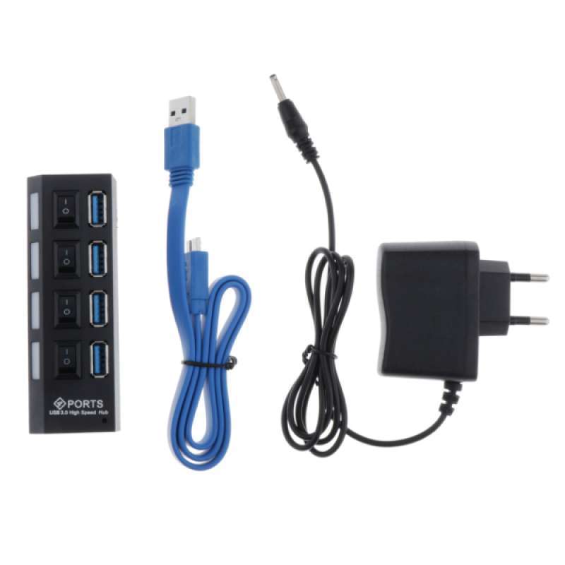 Jual 4 Port USB 3.0 Hub Switches + AC Power Adapter Cable For PC Laptop ...