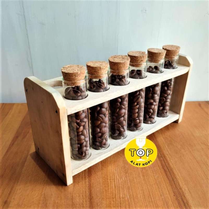 Promo Coffee Tube Display Kopi Set 6 Tabung Besar + Rak Kayu + Tutup ...