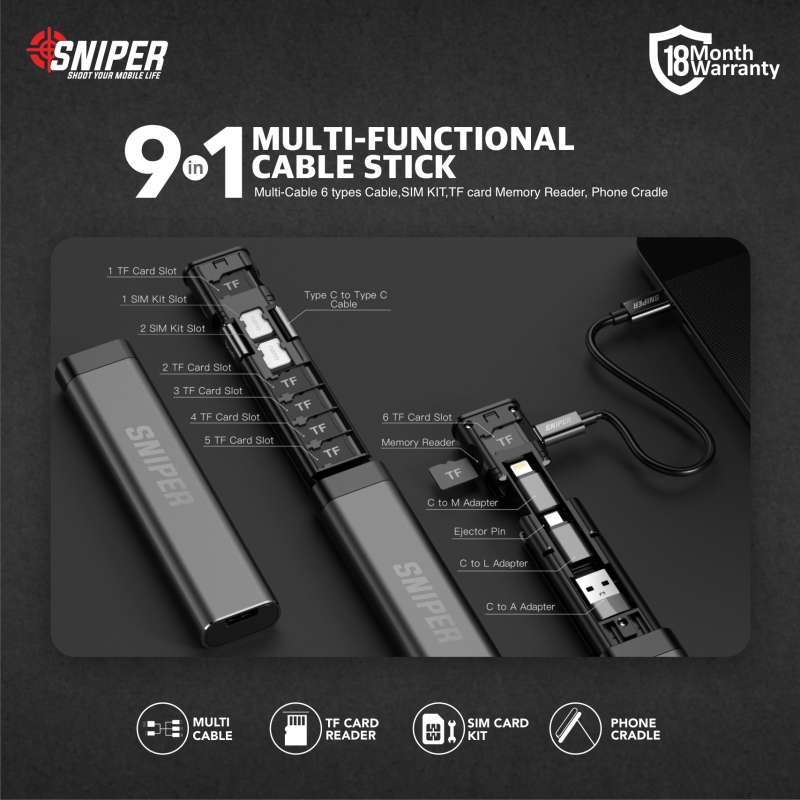 Jual Sniper Multi-function Card Storage Data Cable Stick 9in1 - Black ...