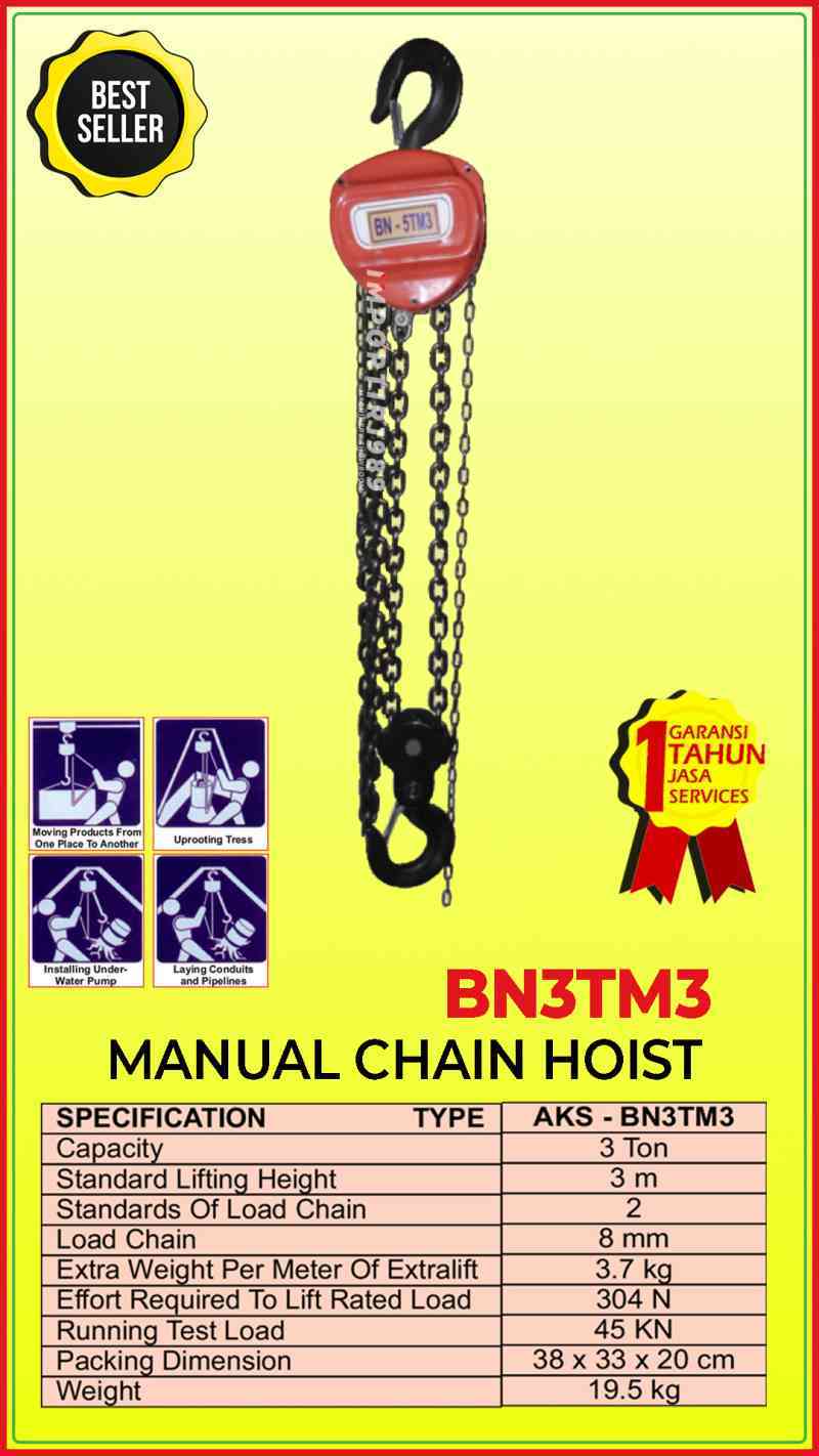 Jual Katrol Kerekan Manual Takel 3 Ton x 3 meter Chain Hoist - BN3TM3 di Seller importir ...