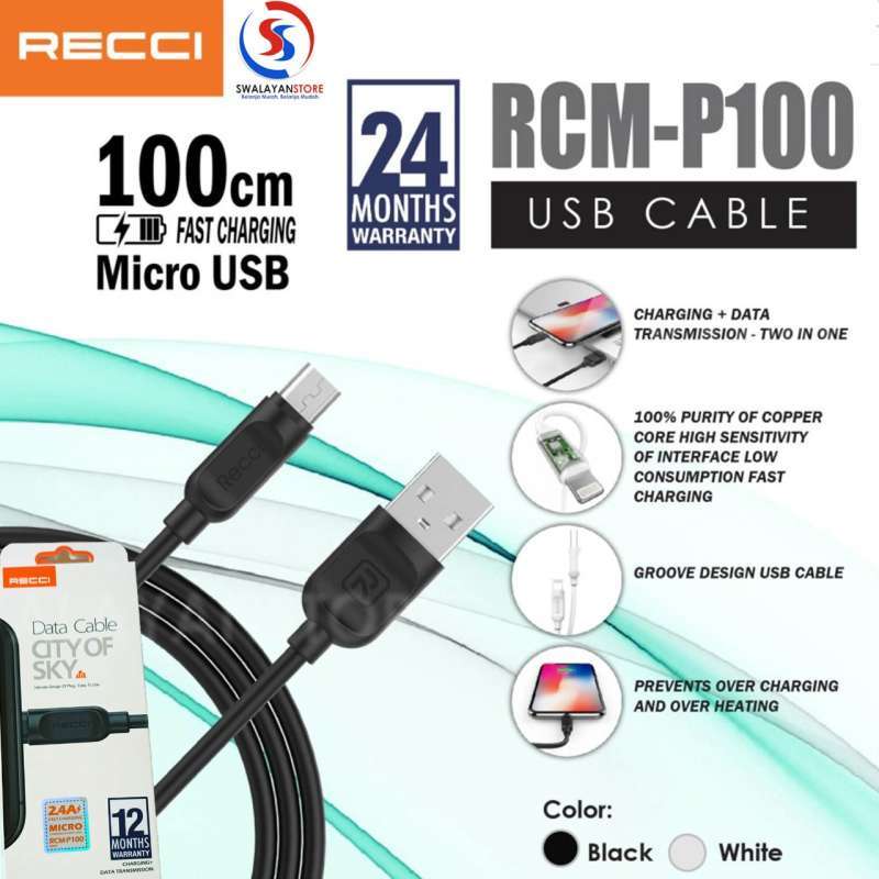 Jual RECCI USB Cable 100CM 2.4A Safe Chip RCM-P100 Micro Hitam/Putih ...